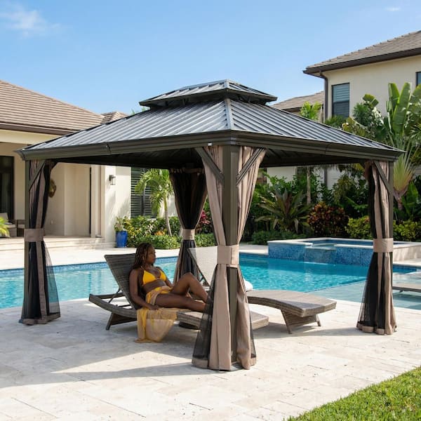 12 ft. x 10 ft. Dark Brown Hardtop Gazebo, Outdoor Shelter Canopy with ...