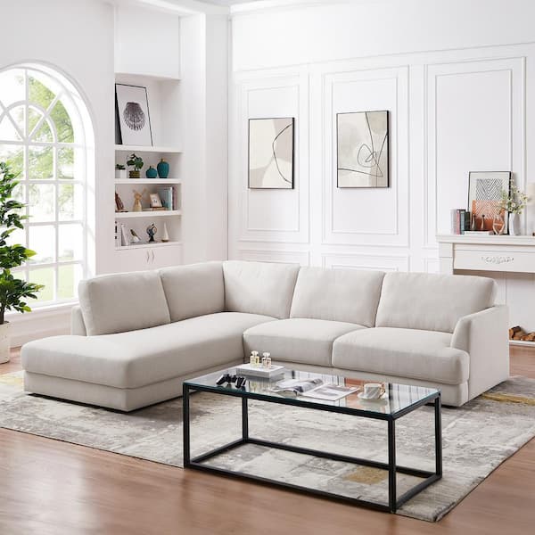Ashcroft Furniture Co Glenville 108 in. Square Arm 2 piece High Quality Linen Polyester Mix L Shaped Left Facing Cozy Sectional Sofa in Ivory HMD01905