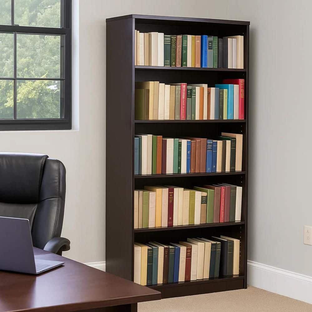 Benjara Vin 65 in. Tall Mocha Brown Wood and Fused Melamine 5-Shelf ...