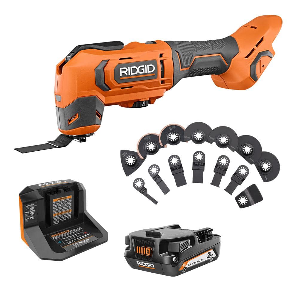 RIDGID 18V Cordless Oscillating Multi-Tool w/ 2.0 Ah Battery, Charger, and 14-Piece Oscillating ...