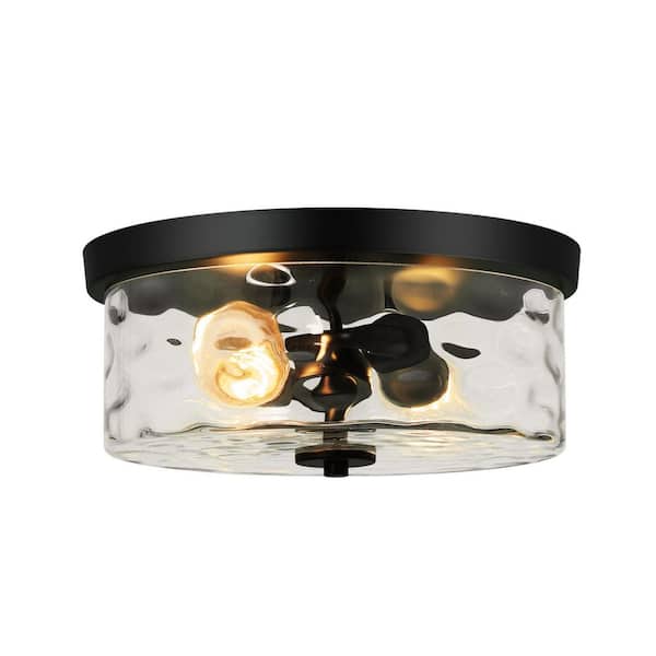 Eclipse 12.8 in. 2-Light Black Modern Flush Mount with Glass Shade and No Bulbs Included (1-Pack ...