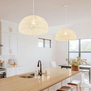 FORCLOVER 1-Light Beige Farmhouse Rattan Pendant Lights with Adjustable ...