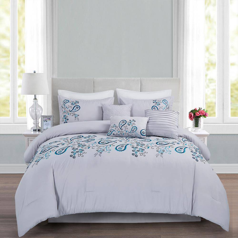 JML 7 Piece Light Grey Pesley King Microfiber Comforter Set JABA-22086 ...