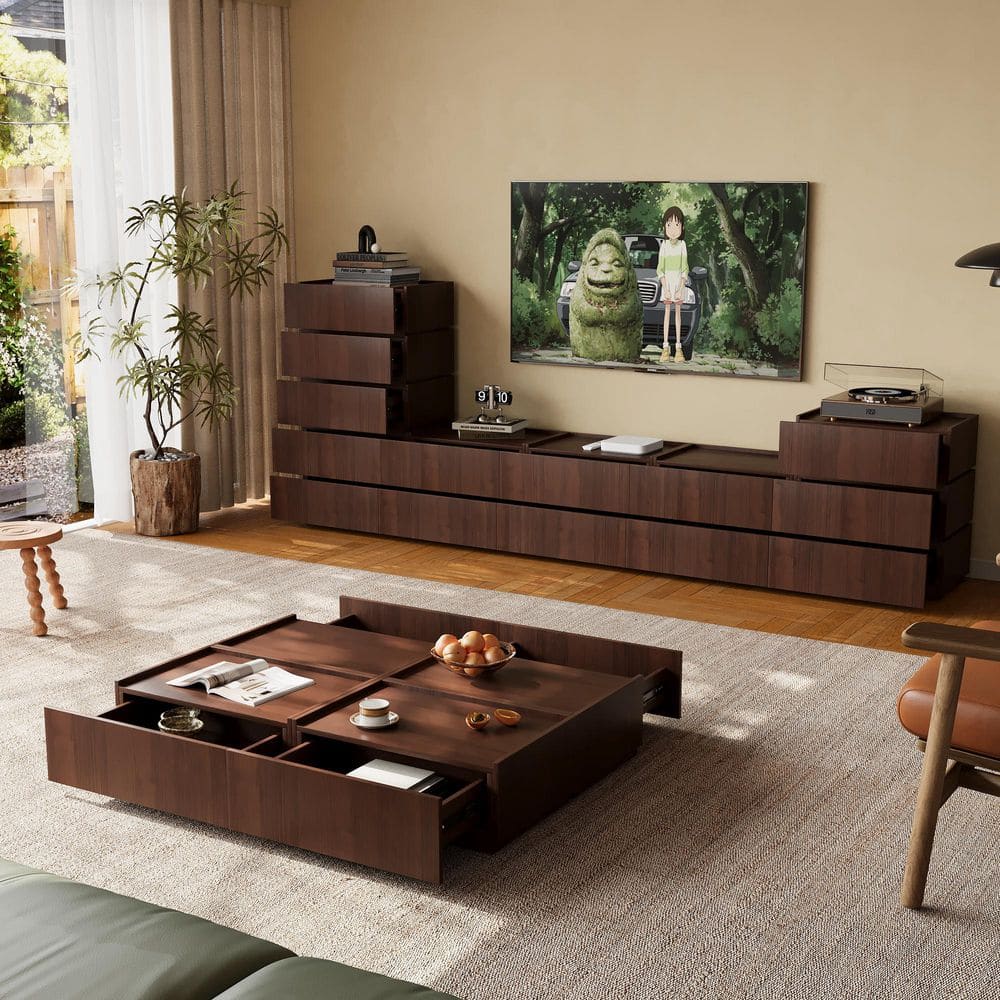 J&E Home 47.24 in. Brown Rectangle MDF Wood Coffee Table Cabinet with 4 ...