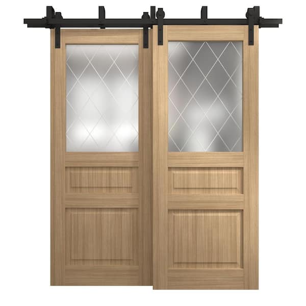 Sartodoors 64 in. x 96 in. Frosted Glass Painted White Oak Solid Wood ...