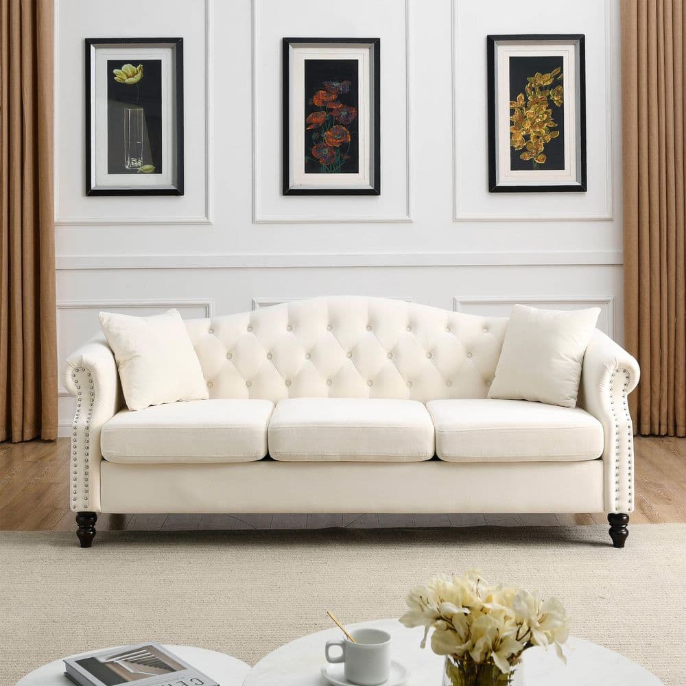 Noble House Lioren French 79 in. Rolled Arm and Nailhead Tufted Velvet ...
