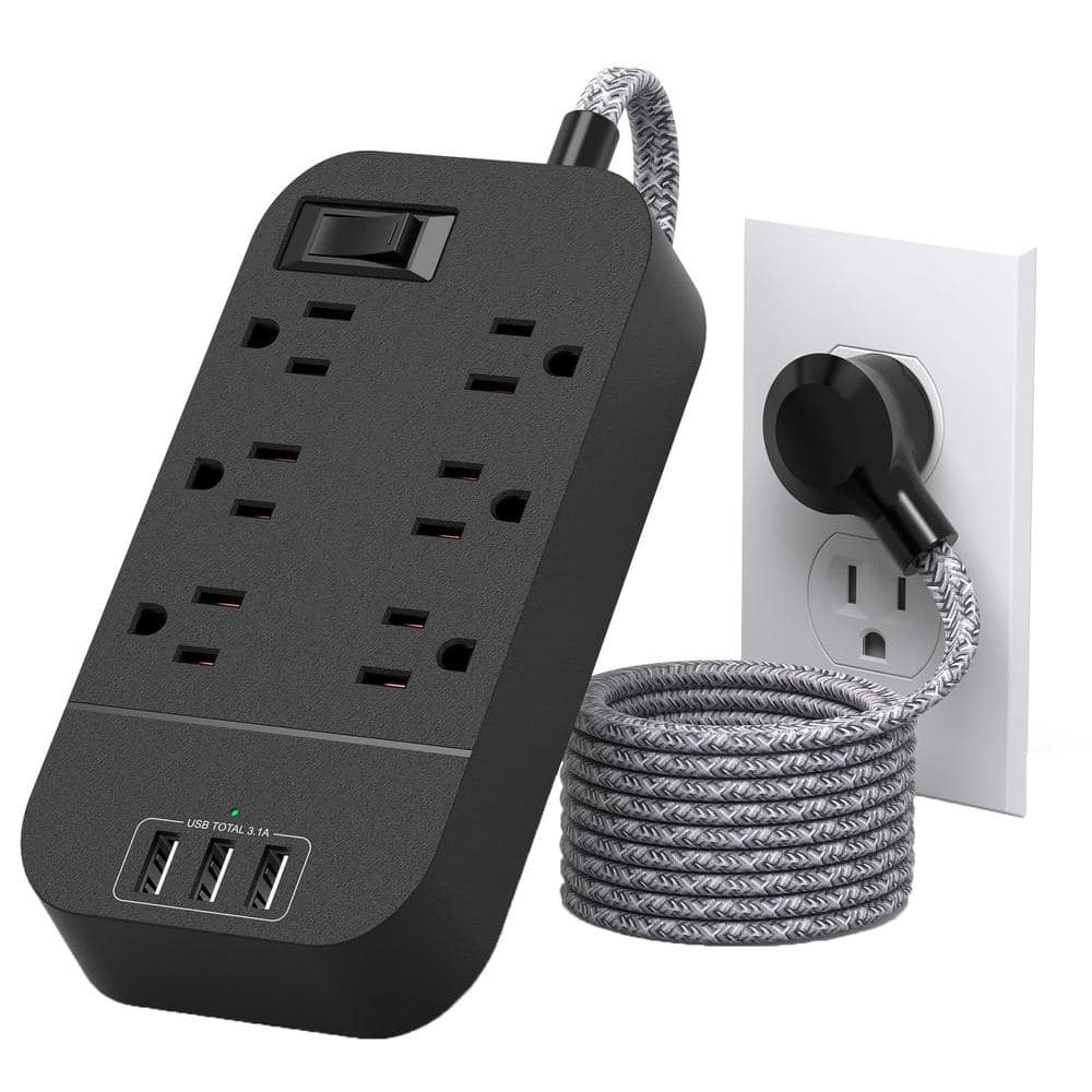 Vrbgify 10 ft. Long Flat Extension Cord 6-Outlet AC Overload Protection ...
