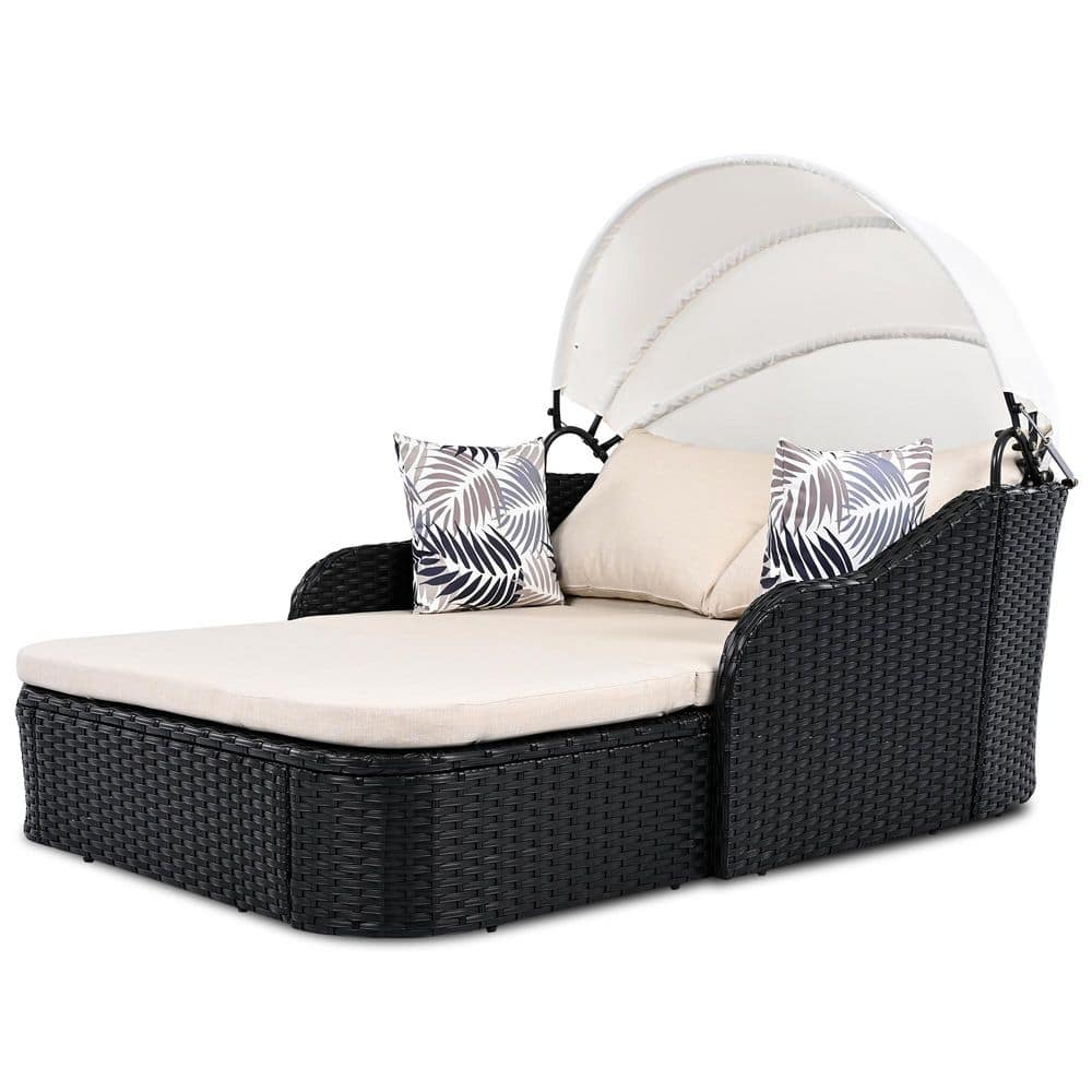 Sudzendf Wicker Outdoor Day Bed with Beige Cushions, PE Rattan Patio ...