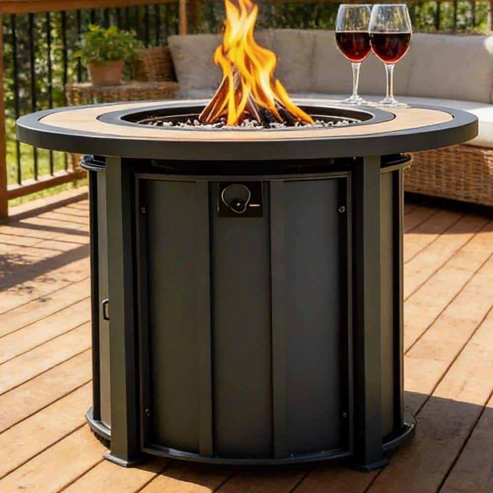 Coporesell 30 in. Black+Brown Round Propane Gas Steel Fire Pit Table ...
