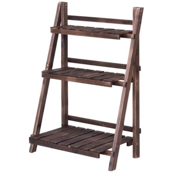 HONEY JOY Folding Storage Shelf Indoor and Outdoor Natural Wood Ladder ...