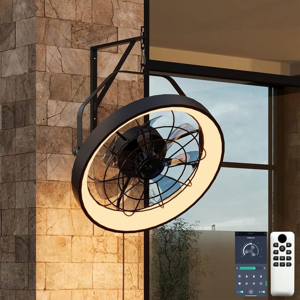 Seasonize 20 in. Black Modern Caged Wall Mounted Ceiling Fan with LED ...