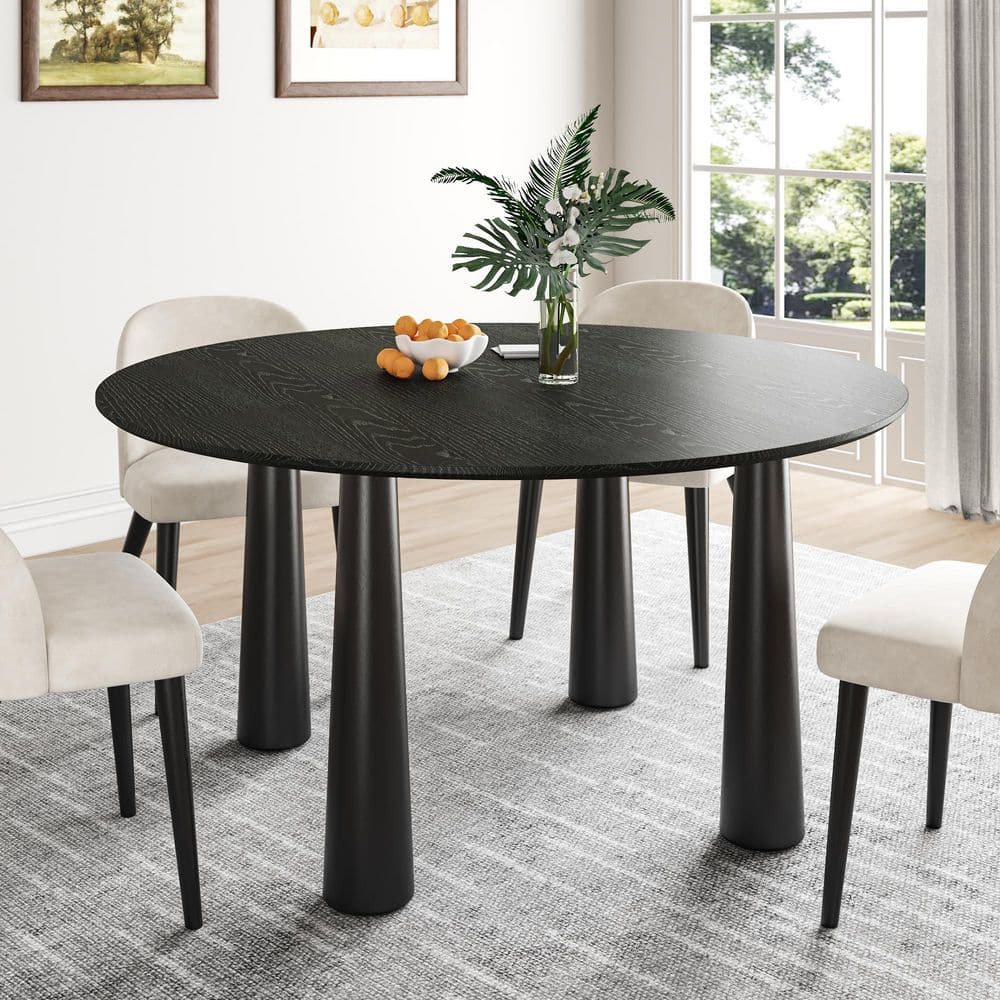Lirago Round Black Solid Wood 52 in. Kitchen Tables 4-Legs Dining Table ...