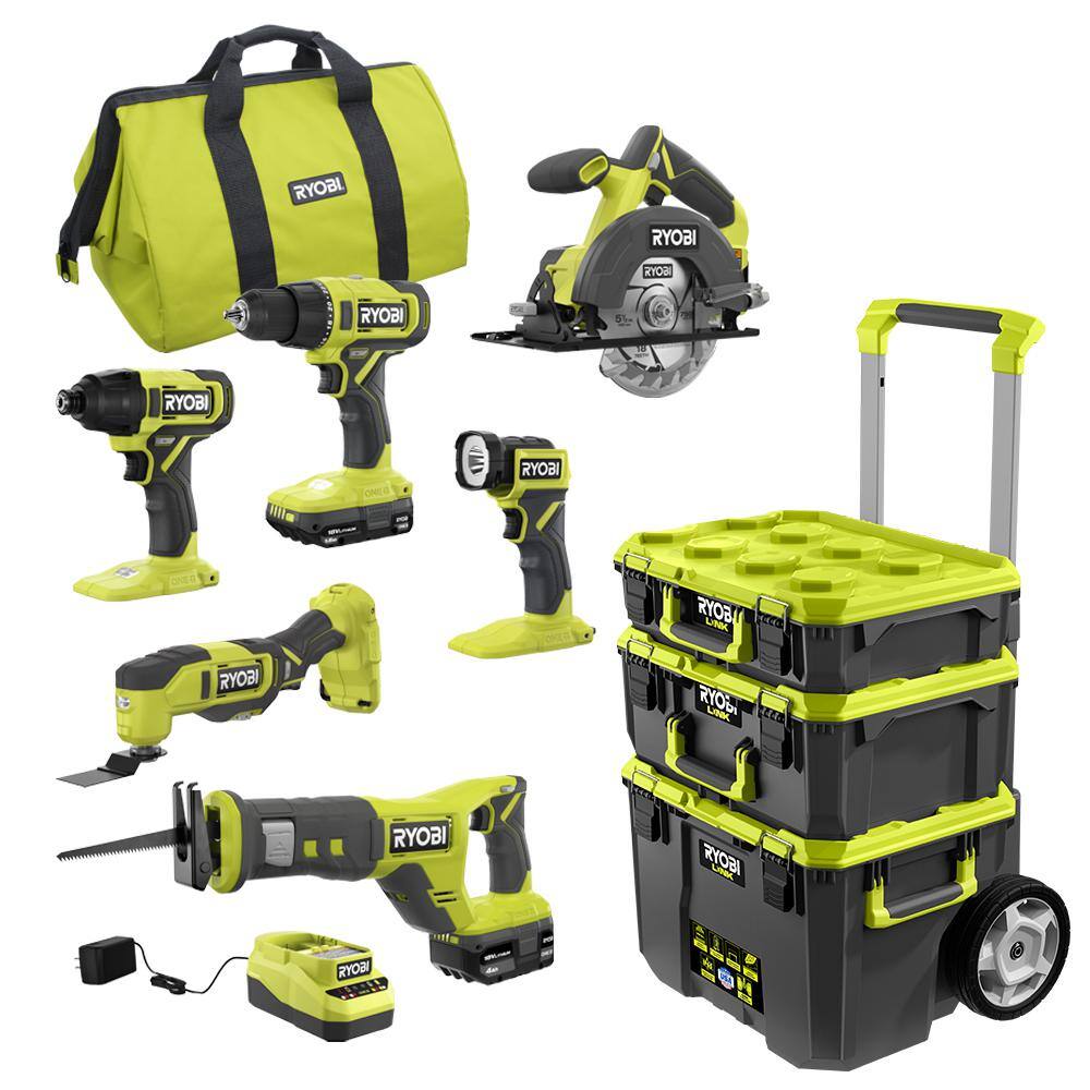 RYOBI ONE+ 18V Cordless 6-Tool Combo Kit with 1.5 Ah Battery, 4.0 Ah ...