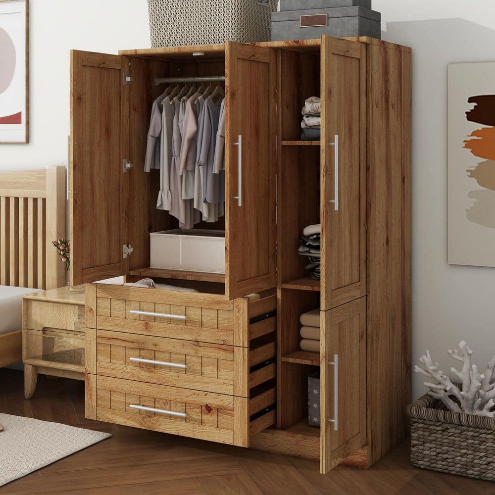 Harper & Bright Designs Natural 47.2 in. 4-Doors Wardrobe Armoire with ...