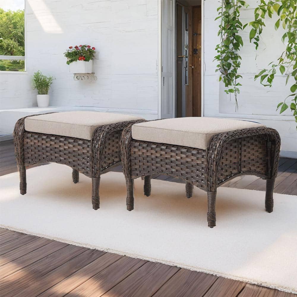 Gymojoy Carlos Brown Wicker Outdoor Ottoman with Beige Cushions GM116-2 ...
