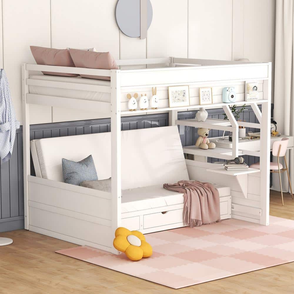 Polibi White Wood Full Size Convertible Bunk Bed with Storage Staircase ...