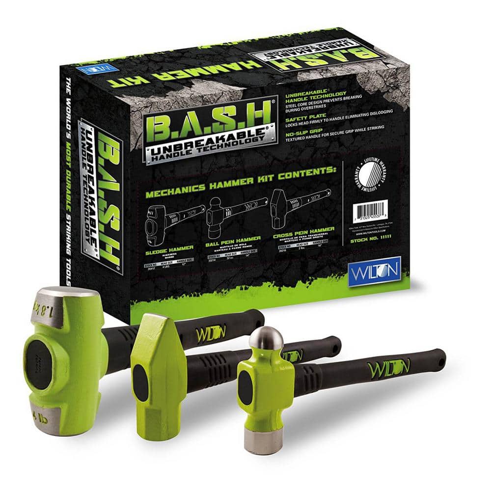 11111 BASH 3 Piece Steel Unbreakable Handle Mechanics Hammer Set Kit ...