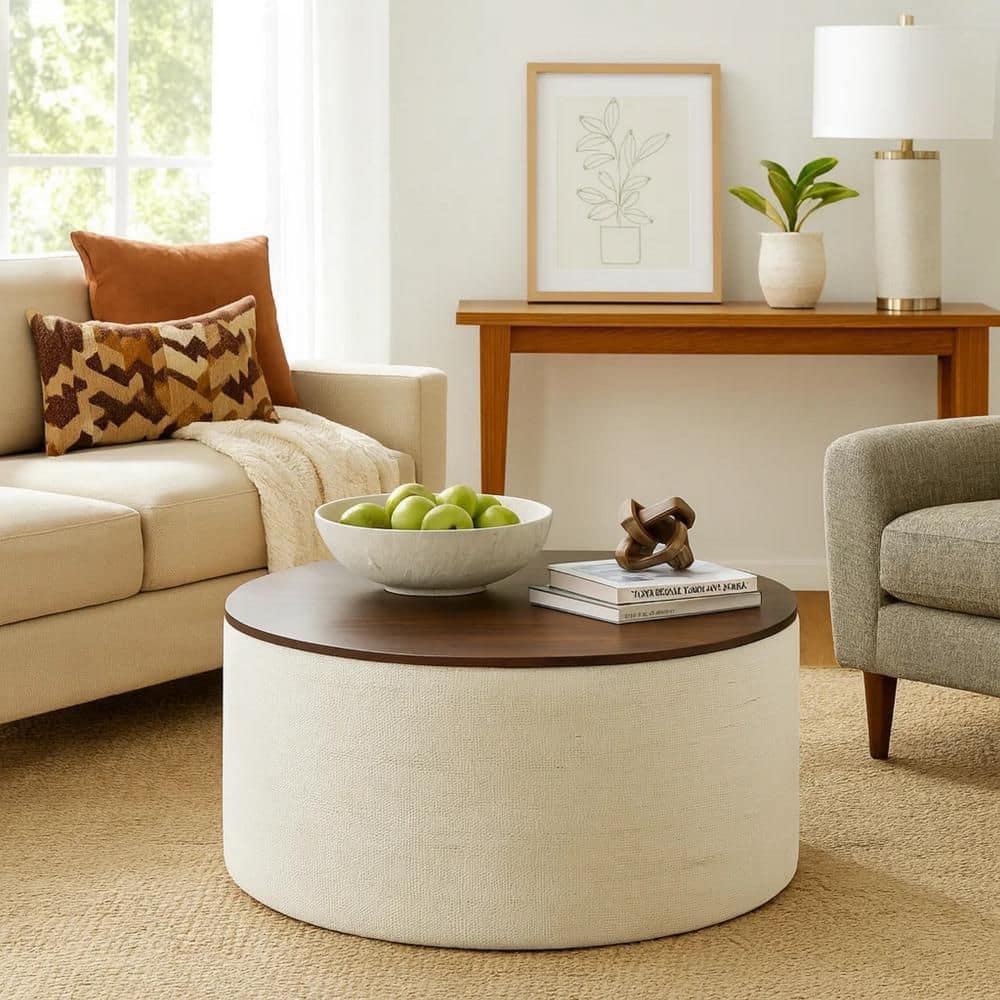 Benjara Mesy Ivory and Walnut Brown Fabric Round Storage Ottoman ...