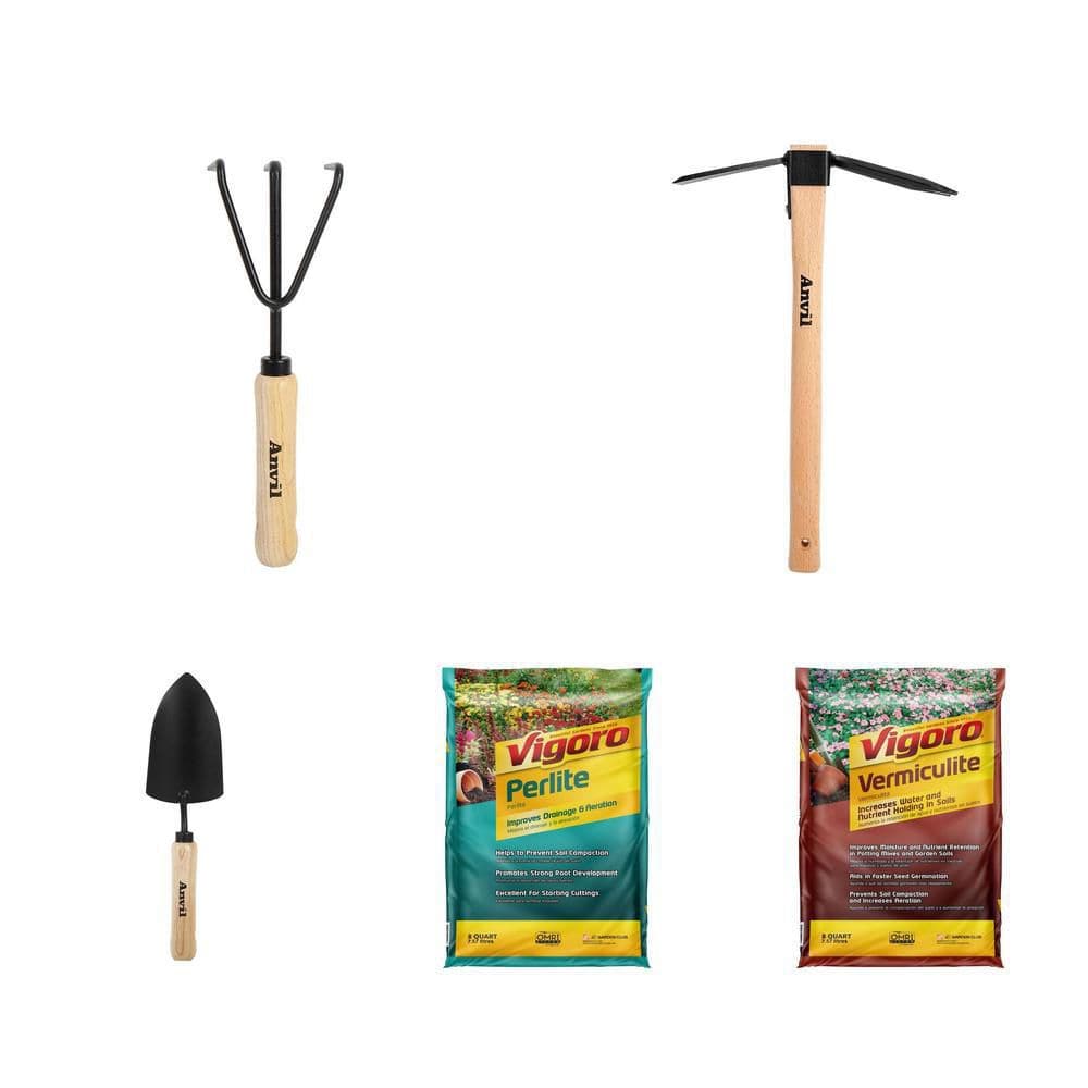 5-2/5 in. Wood Handle Trowel, Hand Cultivator & 14-2/5 in. Digging Hoe ...