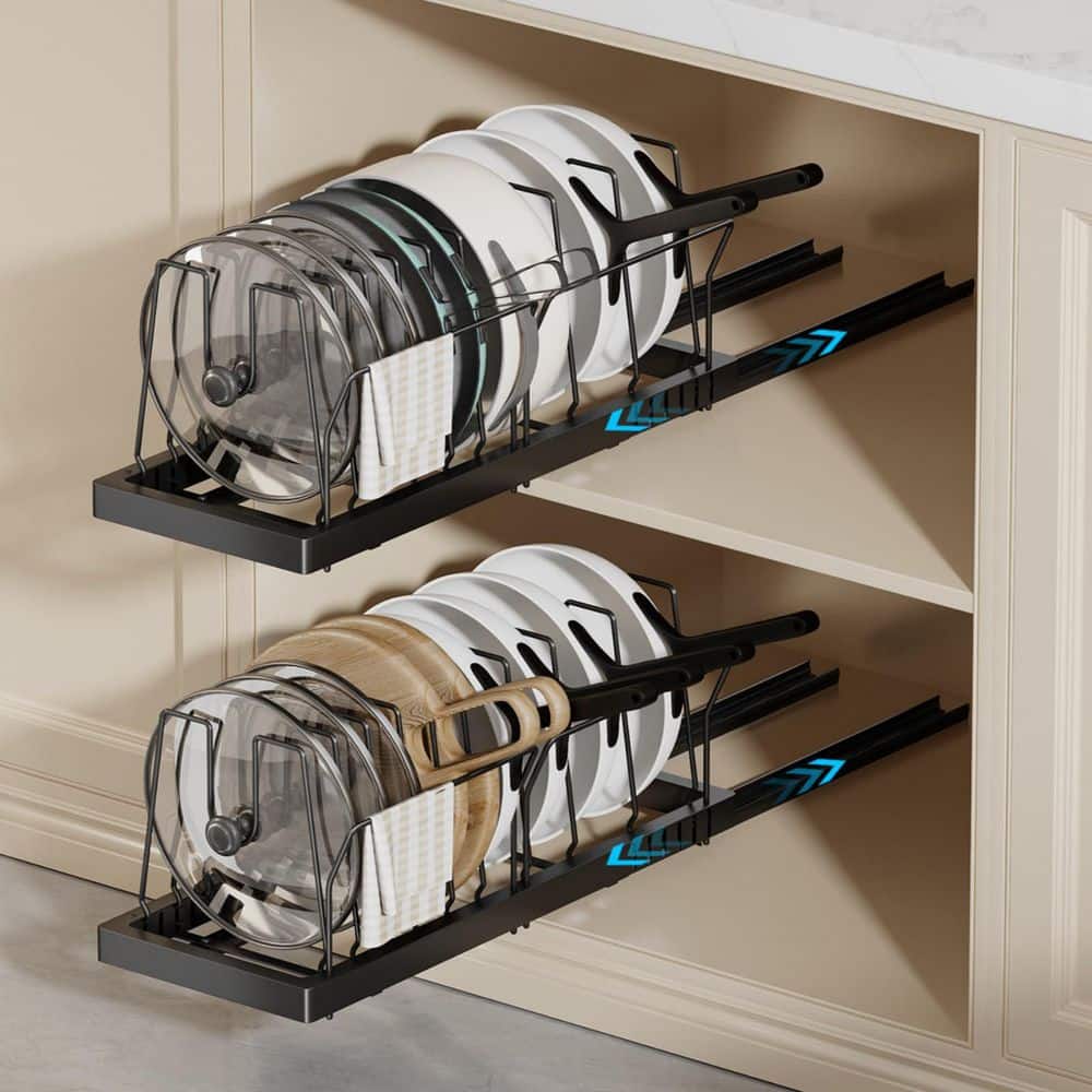 Anqtovp Black Expandable Pull Out Under Cabinet Pot Pan Lid Organizer ...