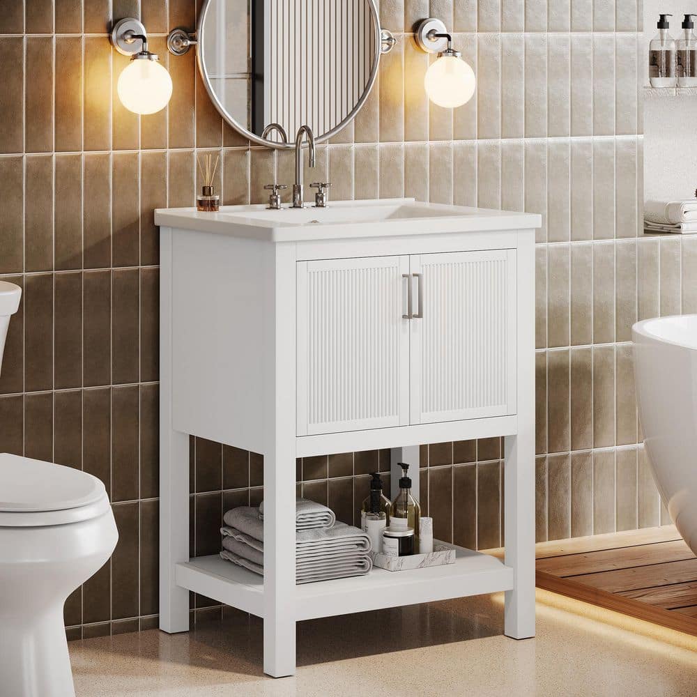 BYBLIGHT 24 in. Single Sink Freestanding White Bath Vanity with White ...