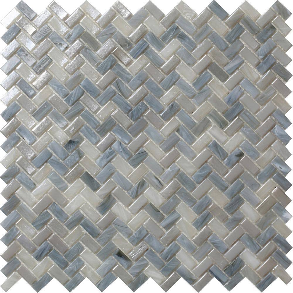 Apollo Tile Blue Gray 4 in. x 5 in. Herringbone Polished Glass Mosaic ...
