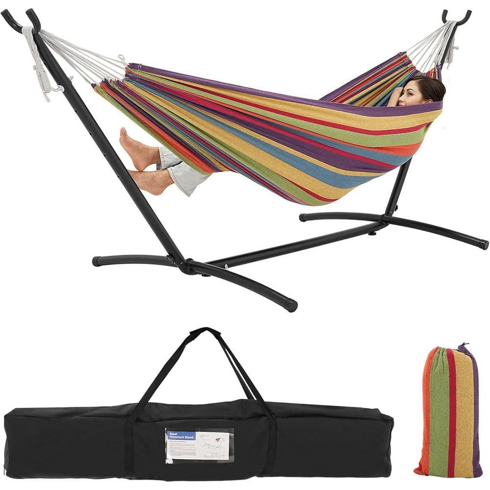 Primehome 2-Person Blue Stripes 12 ft. Heavy-Duty Hammock with Stand ...