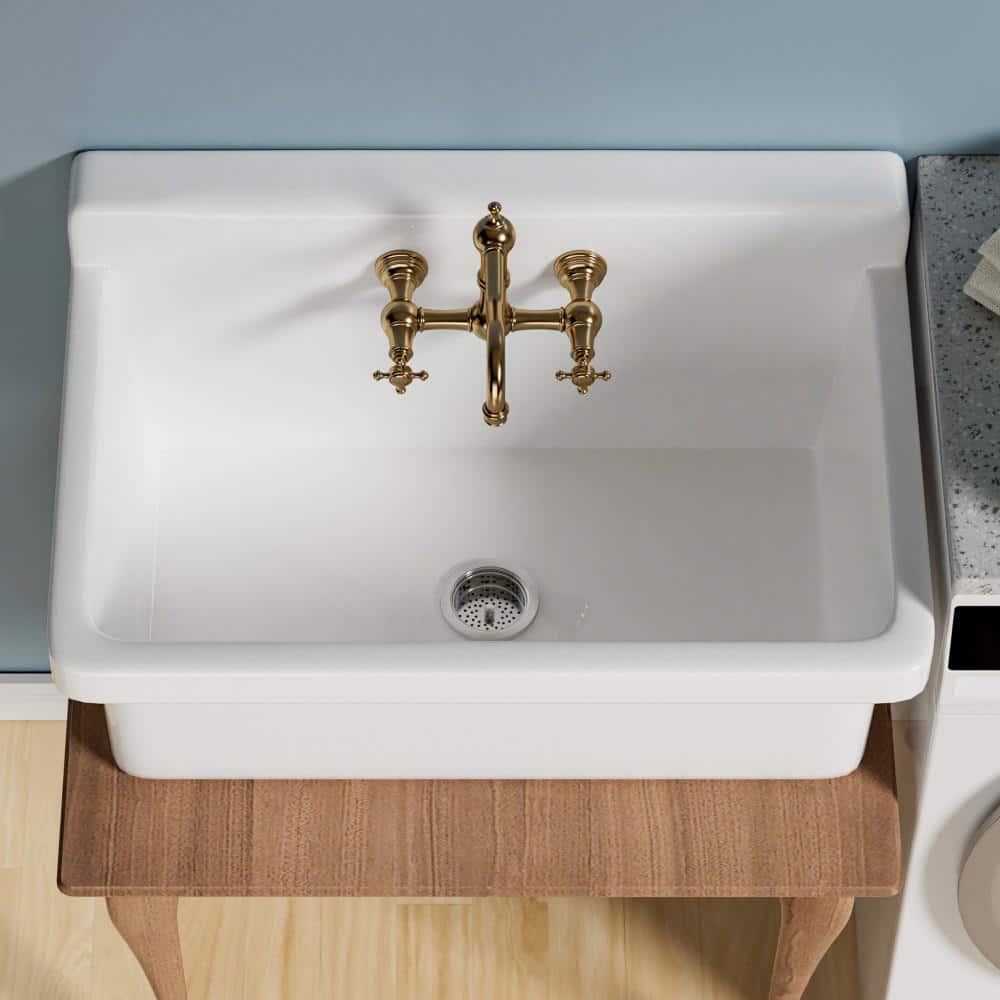 HOMLYLINK High Back Farm Style Sink 30 in. Wall Mount Single Bowl White ...