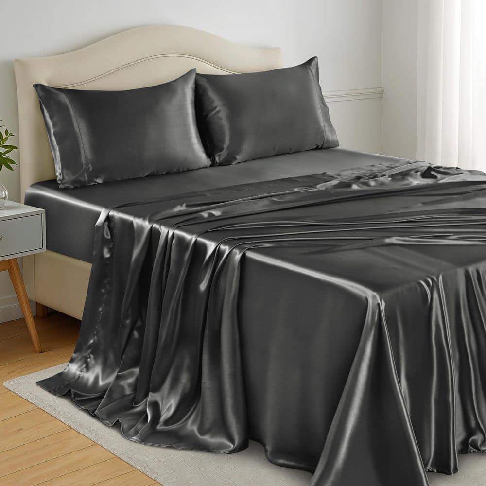 LDC LUX DECOR COLLECTION Lux Decor Collection King Black Satin Sheet Set-4 Piece, Deep Pocket ...