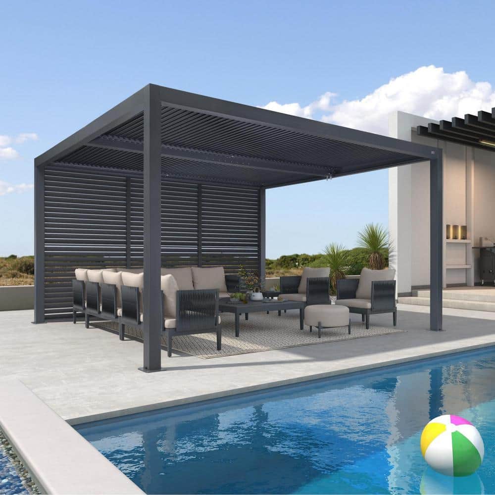 PURPLE LEAF 12 ft. x 14 ft. Gray Aluminum Louvered Pergola with 2 ...