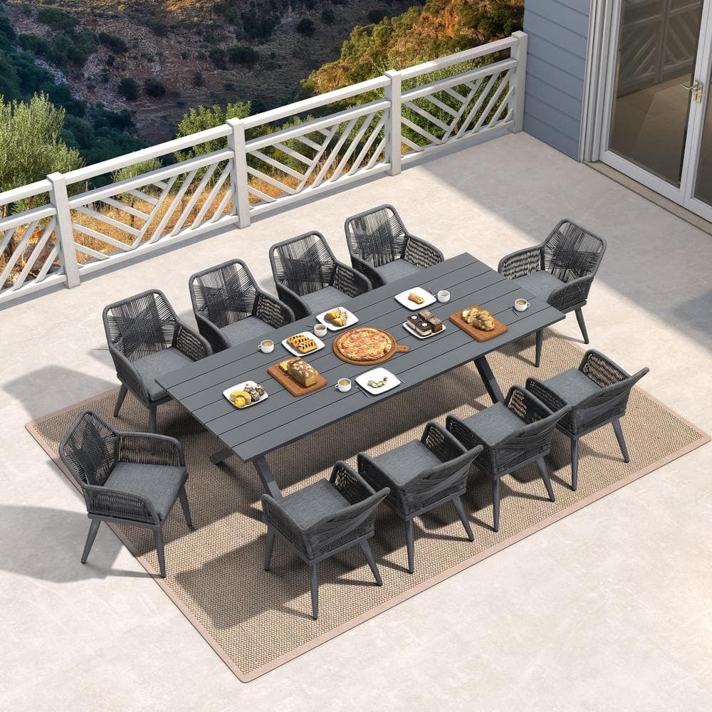 PURPLE LEAF 11-Piece Aluminum All-Weather PE Rattan Rectangular Outdoor Dining Set with Cushion ...