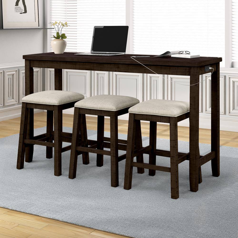 Qualler 4-Piece Wood Top Brown Bar Table Set with Socket and Padded ...