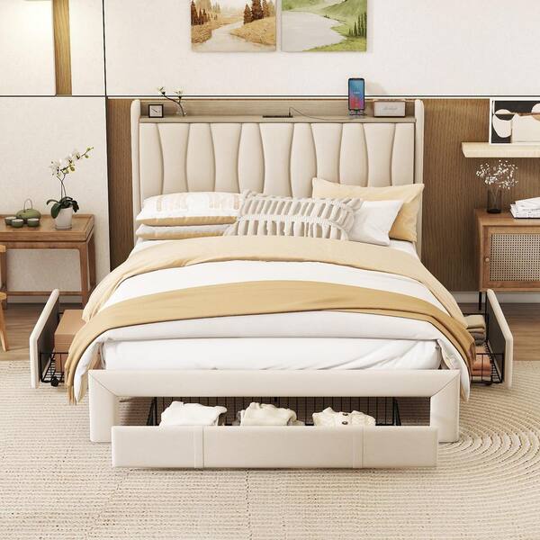Harper And Bright Designs Beige Metal Frame Queen Size Velvet Upholstered