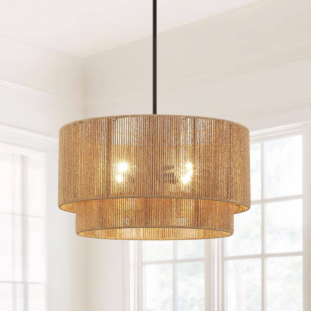 TRUE FINE Bohe 22 in. 4-Light Natural Rattan Tiered Pendant Chandelier ...