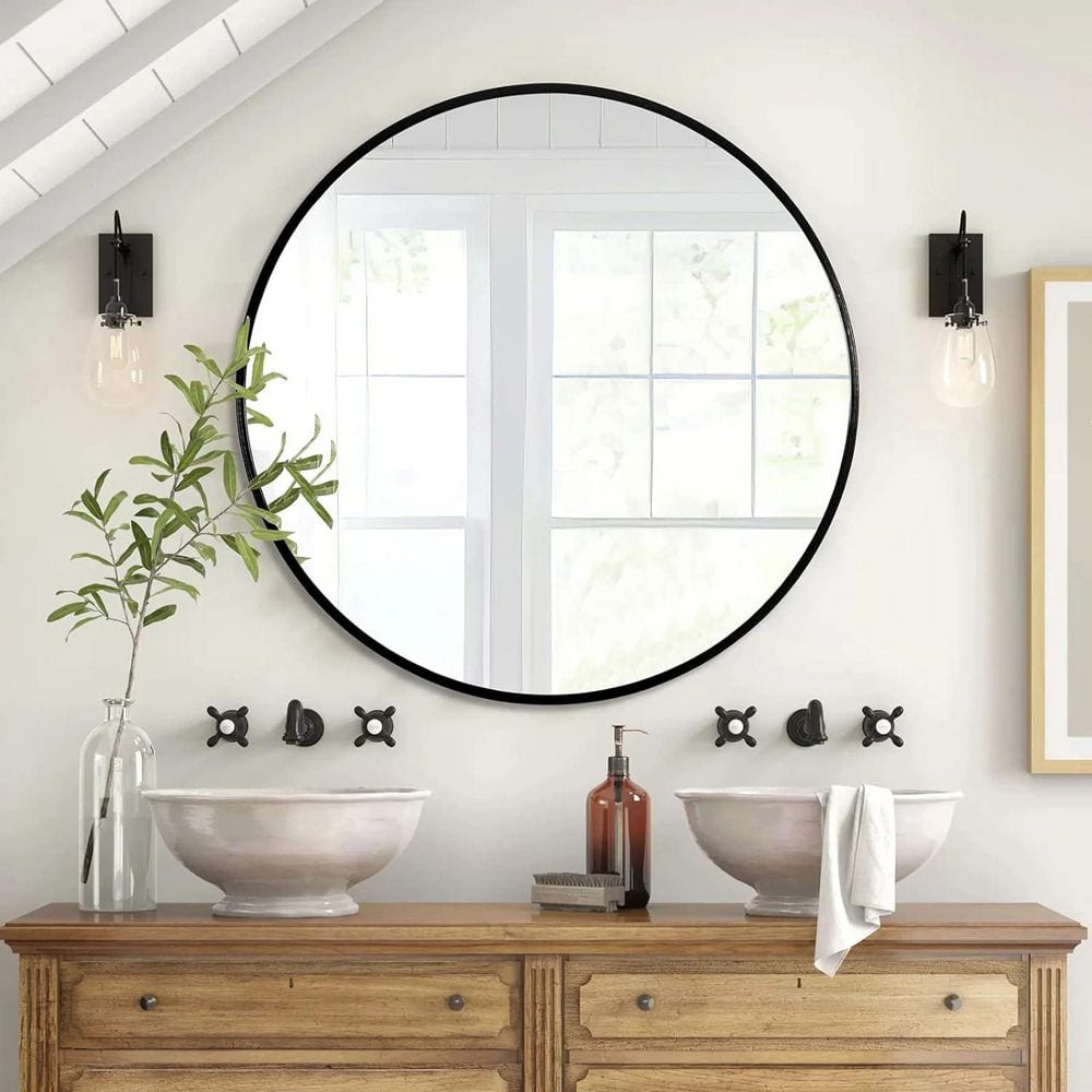 Black 42 in. W x 42 in. H Round Metal Framed Wall Mirror WM0080204-B ...