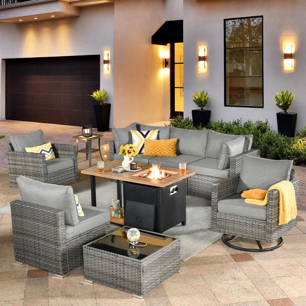 XIZZI Artemis Gray 9-Piece Wicker Patio Rectangular Fire Pit Set with ...