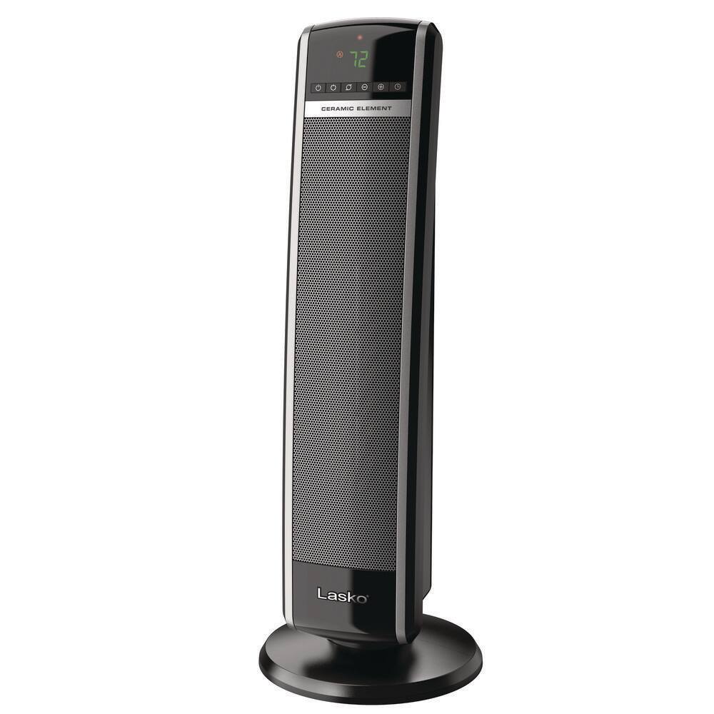 Lasko 1500W 30 in. Black Indoor Electric Tower Forced Air Ceramic Space Heater with Thermostat ...