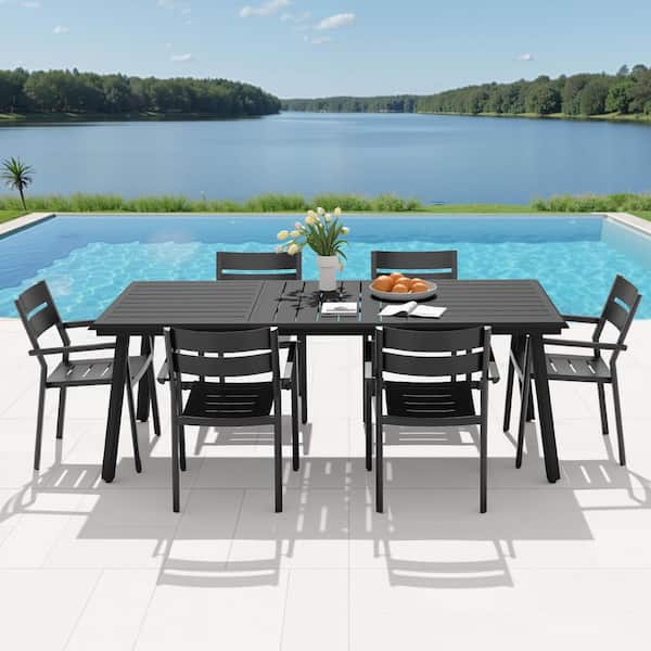 CLOUDFLY 7-Piece Aluminum 82.7 in. Black Outdoor Dining Table Set with ...