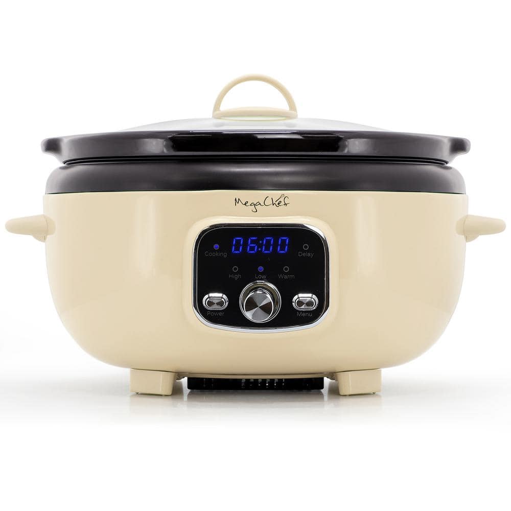 MegaChef 3. 6Qt. Oval Electric Digital Slow Cooker in Cream with Black ...