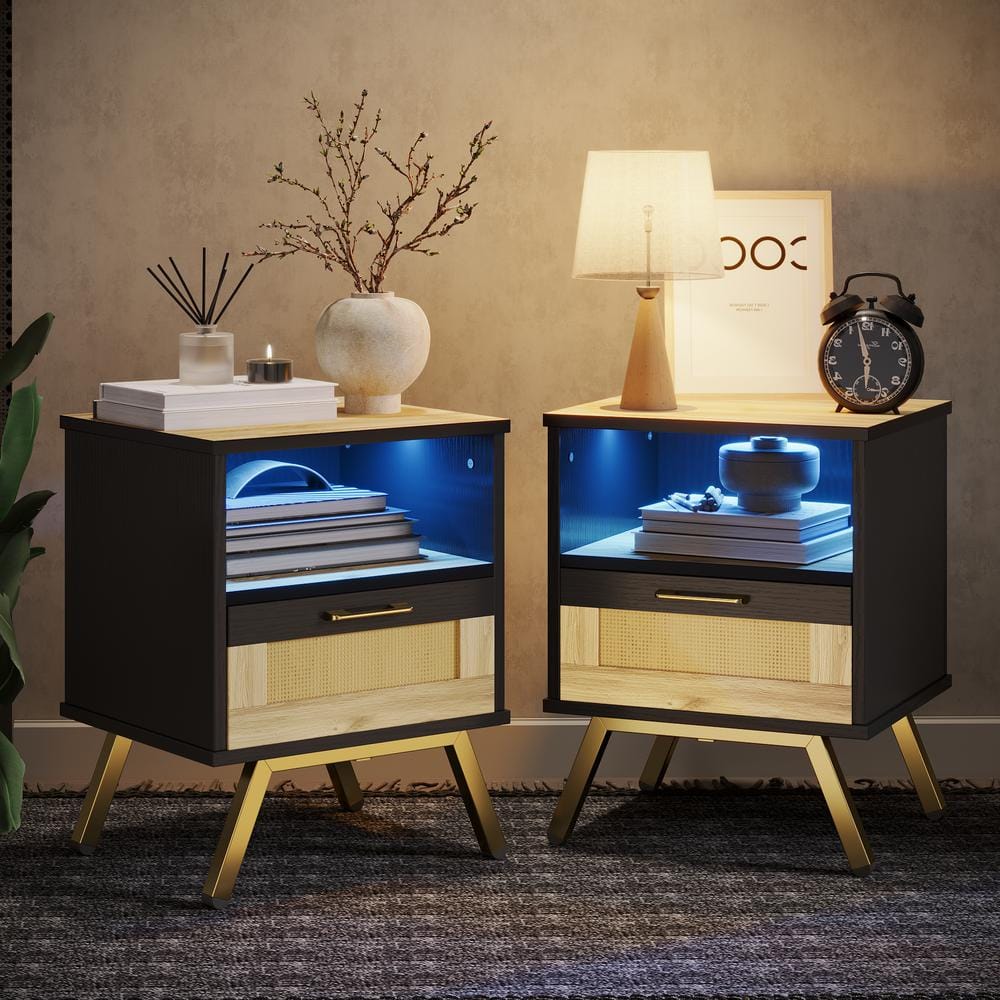 Bestier Black Single Drawer LED Modern Rattan Beside End Table Bedroom ...