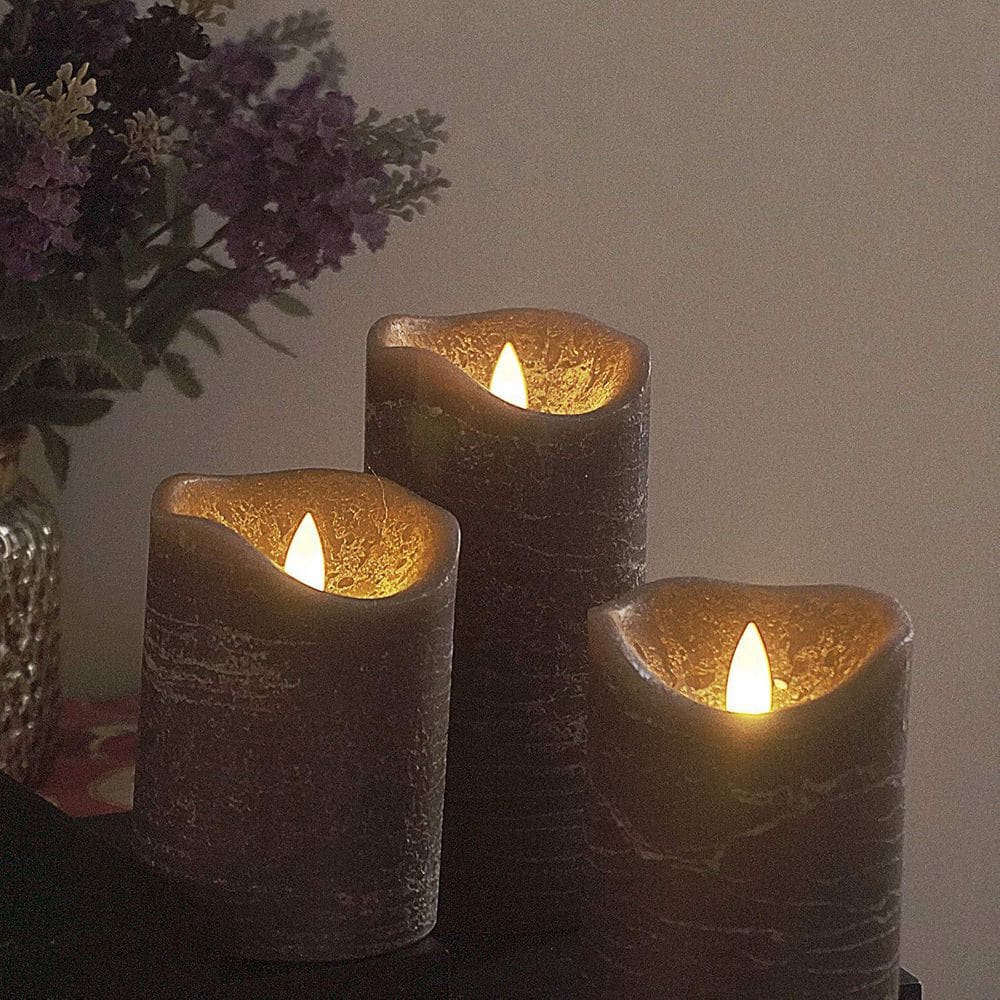 3 Pack Rustic Gray Flameless Pillar Candles: Real Wax, Battery-Operated ...