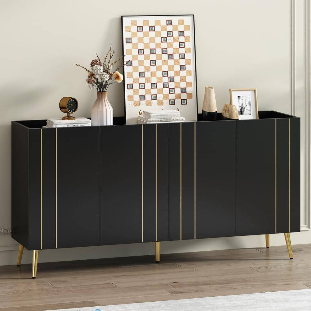 Csc Decor Inc Black And Gold Mdf 63 In W Buffet With 4 Adjustable