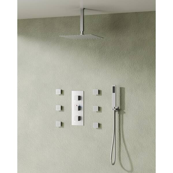 EVERSTEIN 5-Spray Patterns 12 in. Ceiling Mount Rainfall Shower Faucet with 6-Jet in Brushed ...