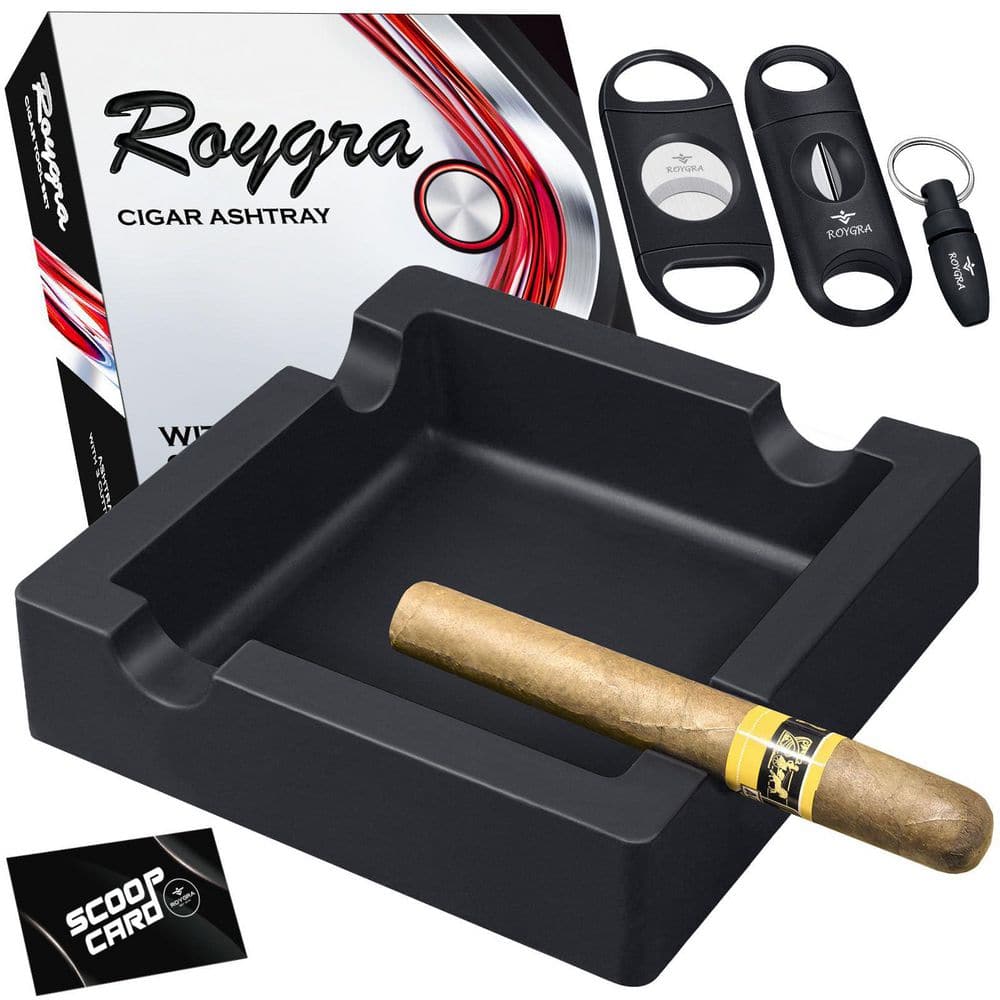 Augbeer 5.9 in. Black Cigar Ashtray with 3 Cutter Set for Patio ...