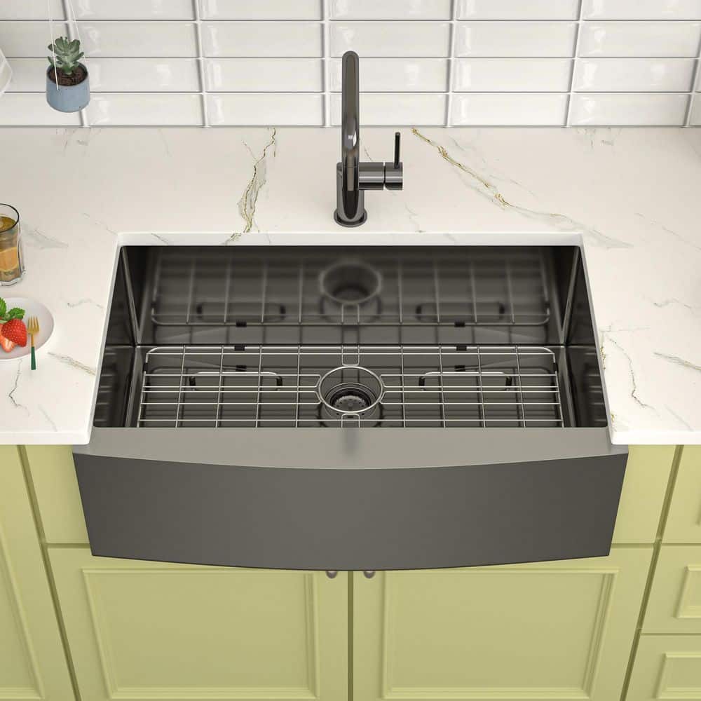 Qidian 30 in. in Farmhouse Apron Front Single Bowl 16-Gauge Gunmetal ...