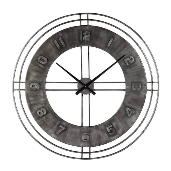 Benjara Gray Industrial Round Metal Wall Clock with Roman Numerals ...