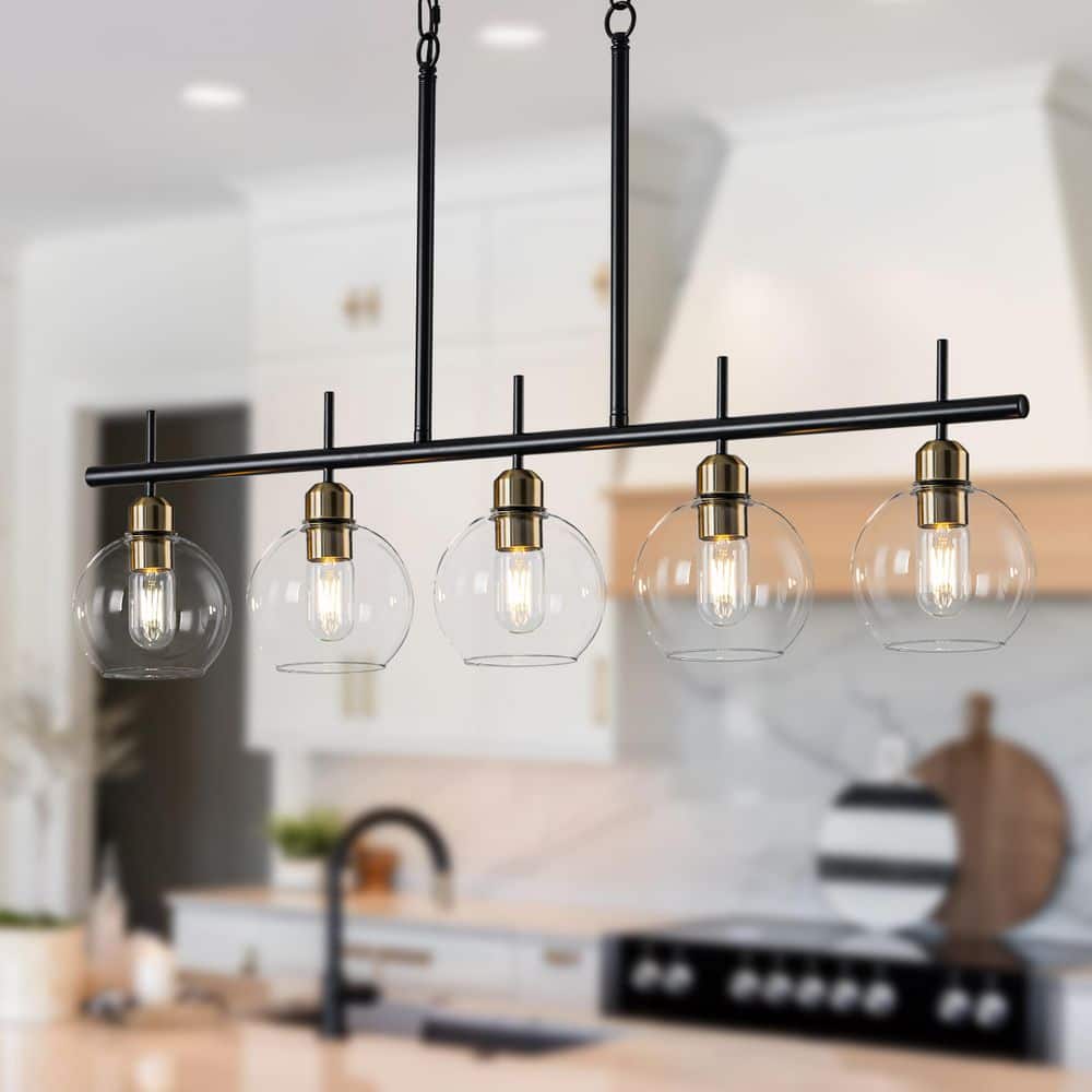 TinHon Modern 5-Light Black and Gold Linear Chandelier with Clear Globe ...
