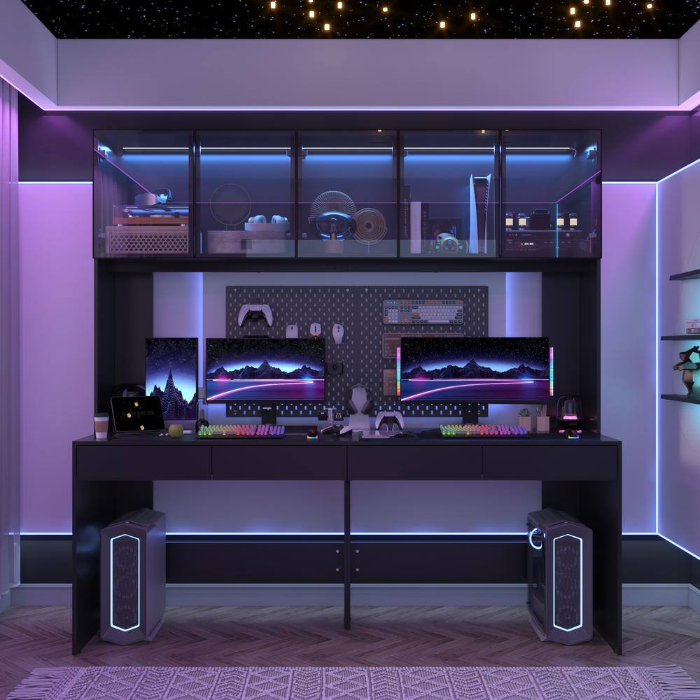 FUFU&GAGA 78.3 in. W Black Wood Computer Gaming Desk Home Aluminum ...