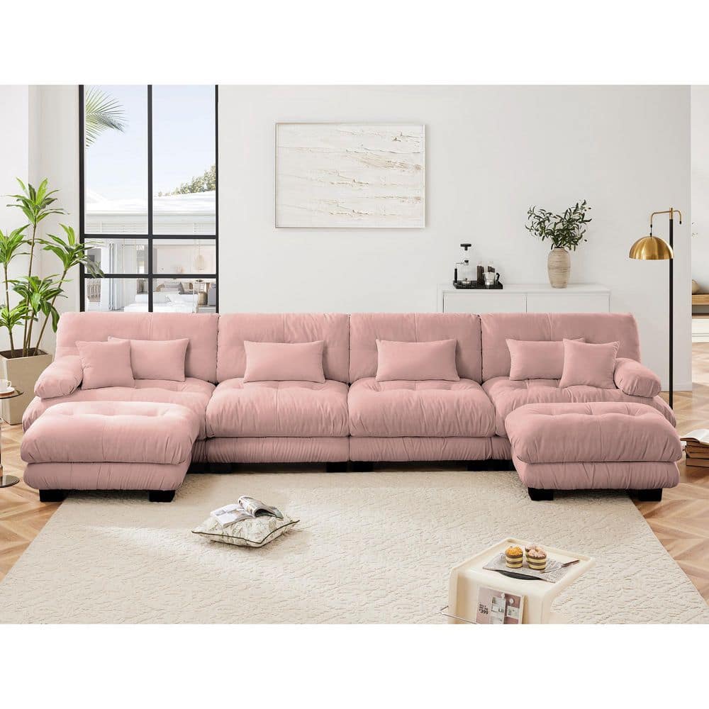 Noble House Ronald 173.2 in. Chenille Upholstered U Shaped Sectional Sofa in Pink with 2 ...