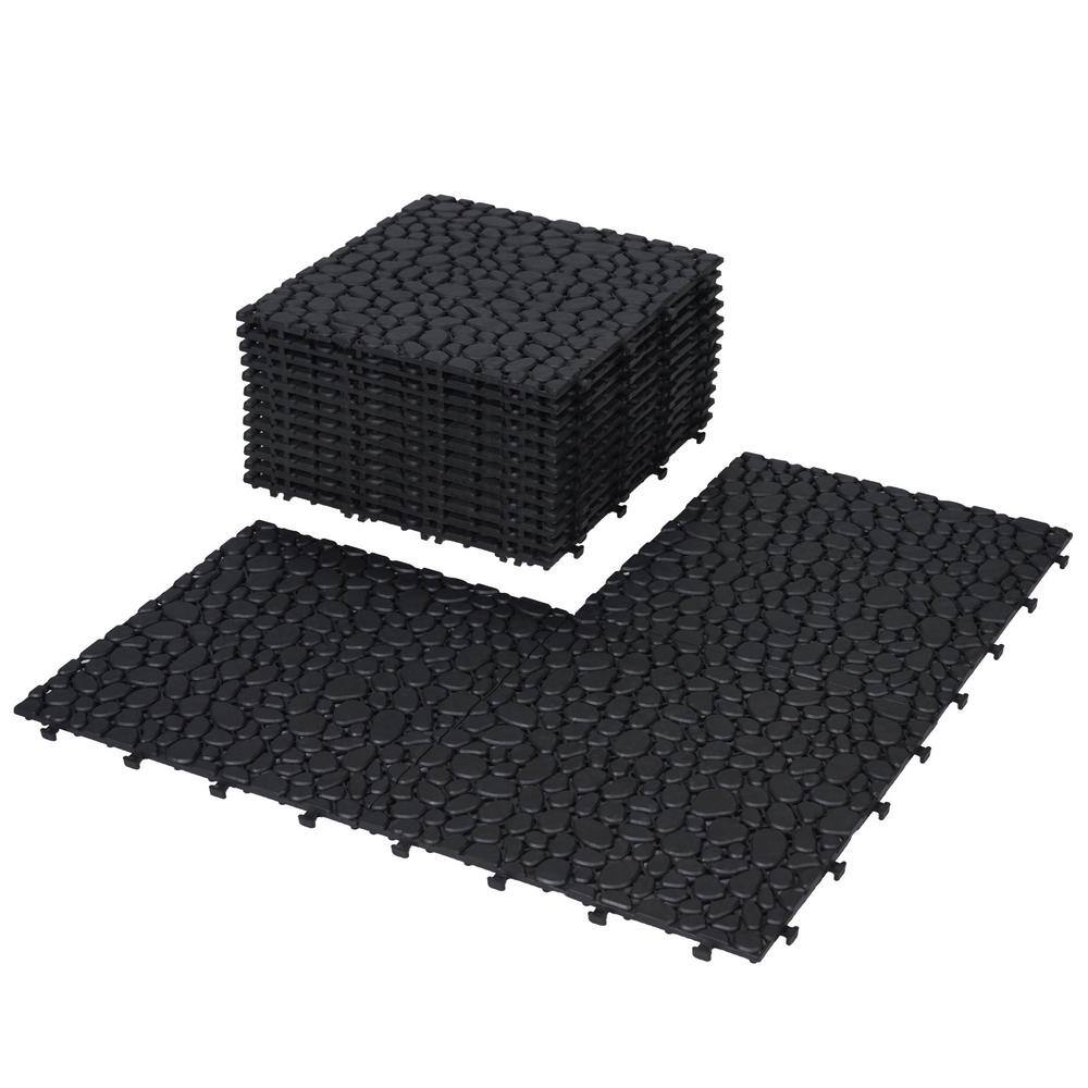 12 in. Black Plastic Pebble Stone Pattern Interlocking Deck Tiles